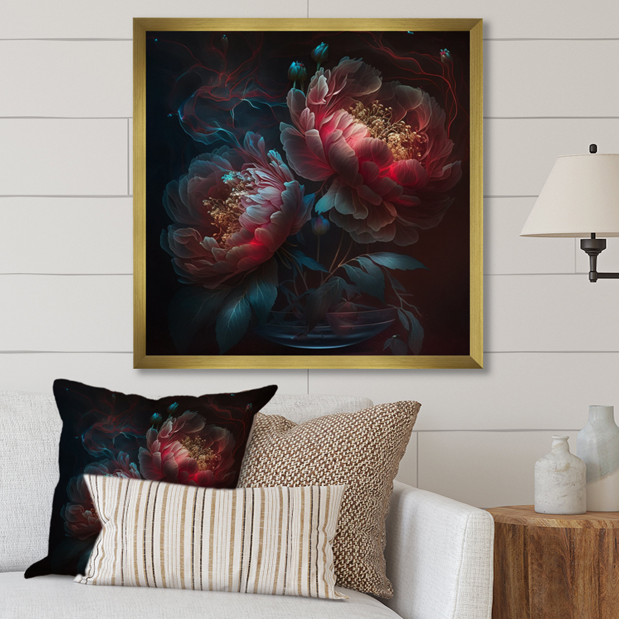 Red Barrel Studio Harmonious Pink Black Peony Flower - Floral Peony Print on Natural Pine Wood ...